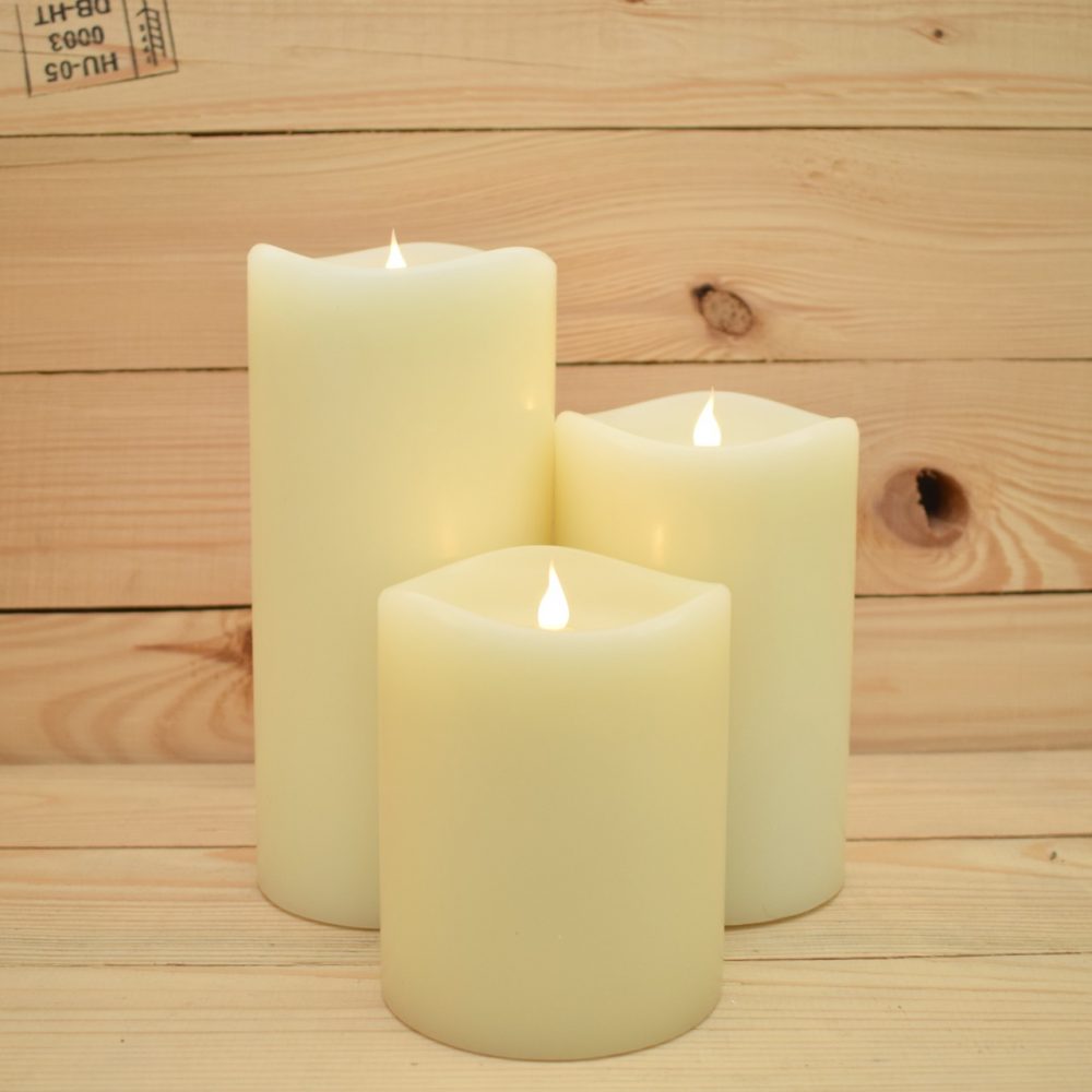 Set of 3 – 4″ (diam) Smart Flame Ivory Wax Pillar Candles with Free ...